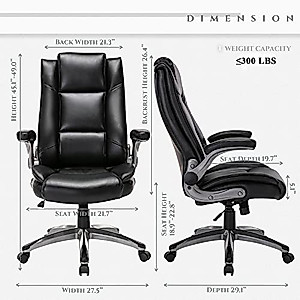 High Back Executive Office Chair-Ergonomic Bonded Leather Computer Chair with Flip-up Arms, Adjustable Tilt Tension, Padded Armrests, Swivel Rolling Home Desk Chair-Black,300lbs