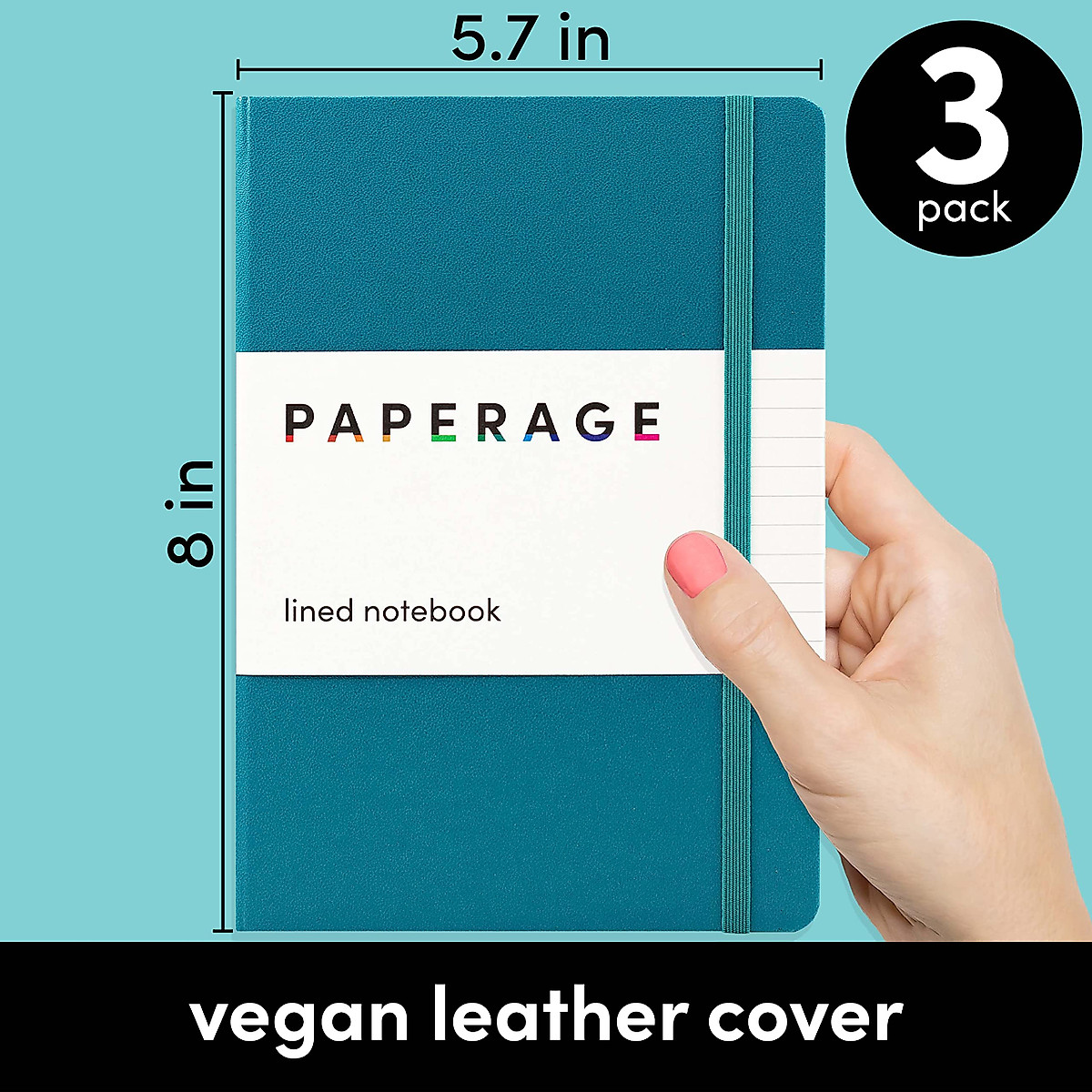 PAPERAGE Lined Journal Notebooks, 3 Pack, (Turquoise), 160 Pages, Medium 5.7 inches x 8 inches - 100 GSM Thick Paper, Hardcover