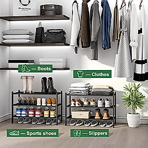 kiplant 3-Tier Black Bamboo Shoe Rack for Entryway, Stackable | Foldable | Natural, Shoe Organizer for Hallway Closet, Free Standing Shoe Racks for Indoor Outdoor