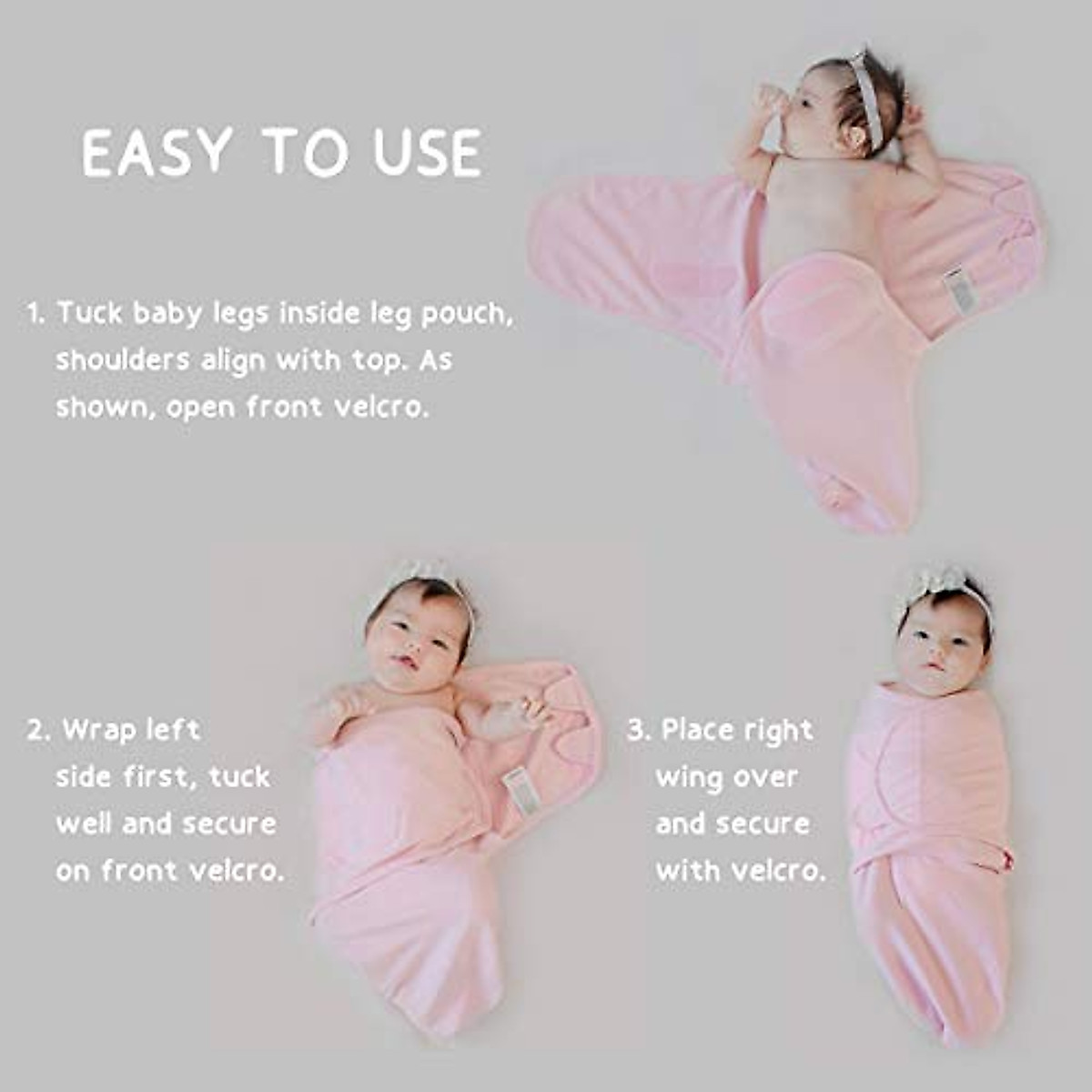 Baby Swaddle Blanket Adjustable Wrap 2 Pack, Ultra Soft Newborn Cotton Swaddles, 0-3 Months Boy and Girl (Pink/Purple)