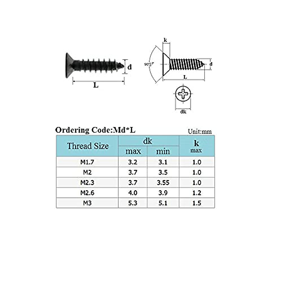 100pcs Self Tapping Screws M1.7 M2 M2.3 M2.6 M3 Laptop Screws Computer Screws Small Philips Pan Head Black Carbon Steel DUO ER (Length : 6mm, Size : M2.6)