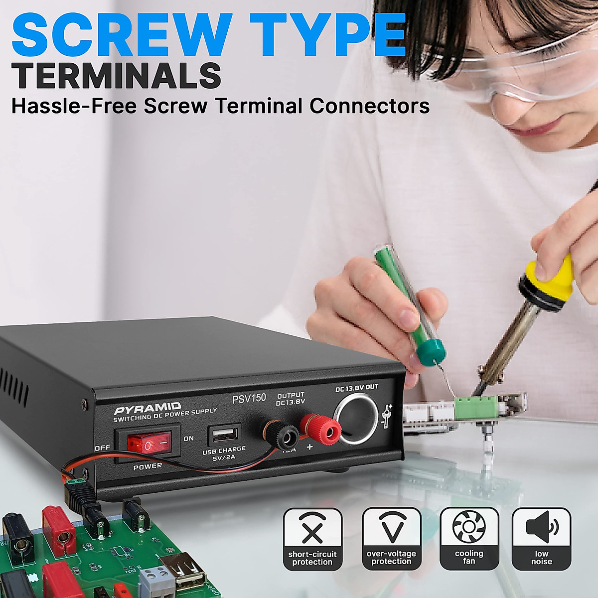 Pyramid Universal Compact Bench Power Supply- 12Amp Variable Linear Regulated Home Lab Benchtop AC-DC Power Converter - USB Port,Cigarette Lighter,115/230V AC,Screw Terminal,Cooling Fan - PSV150,Black