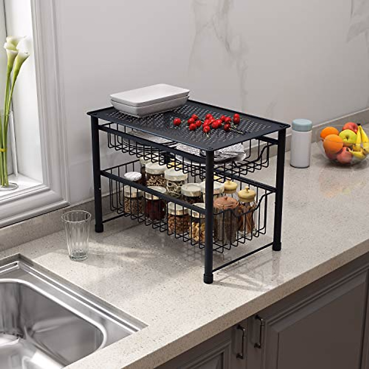 MAX Houser 2-Tier Stackable Organizer Baskets with Metal Sliding Drawers for Pantry, Under the Sink, Desktop Organizer for Bathroom,Kitchen, Office (Charcoal Grey)