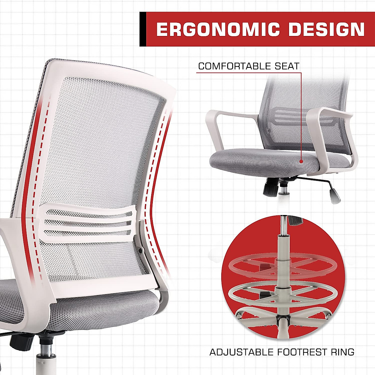 HOMEFLA Mid-Back Mesh Drafting Chair - Tall Office Chair with Armrest Standing Desk Chair Counter Height with Adjustable Foot Ring (Grey)