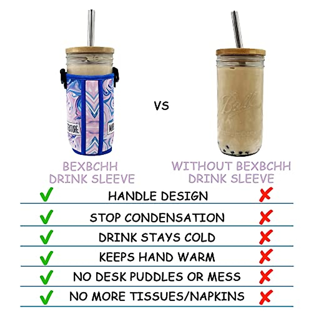 Bexbchh 2 Pack Wide Mouth Mason Jar Cups with sleeves,24oz Wide Mouth Mason Jars Drinking Glasses Tumbler, Reusable Bubble Cups Travel Bottle for Iced Coffee Large Pearl Juices Cocktail(Blue Marble)