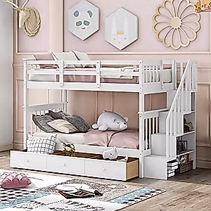 Harper & Bright Designs Twin Over Twin Bunk Bed with Stairs and Drawers, Solid Wood Stairway Bunk Bed with Storage for Kids Teens Adults, Bedroom, Dorm - White