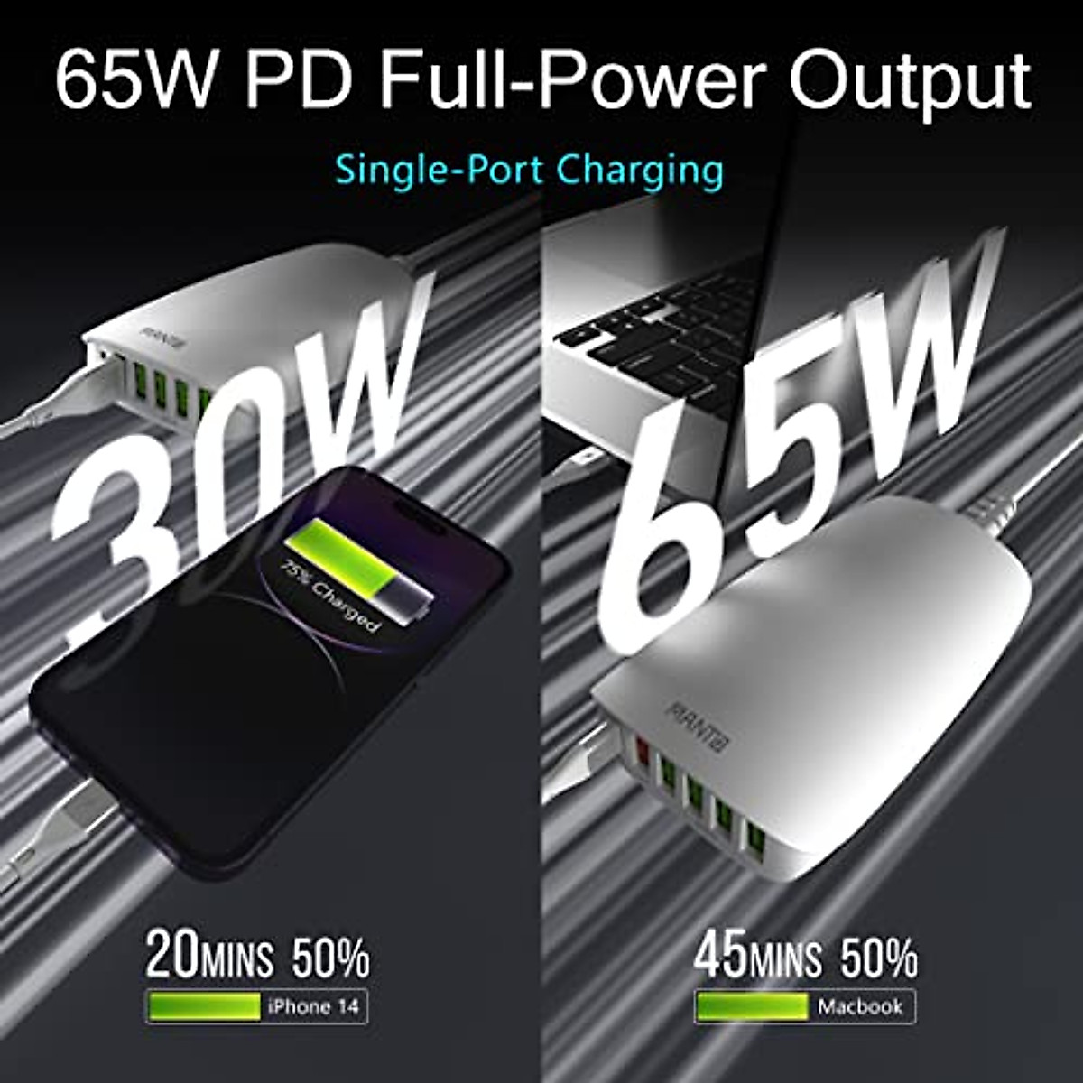 USB Charging Station, MANTO 65W PD3.0 & QC3.0 USB C Charger, 6-Port Desktop Charger with 1 USB C and 5 USB A Ports Compatible with MacBook Pro/Air, Laptops, iPad, iPhone, Galaxy and More