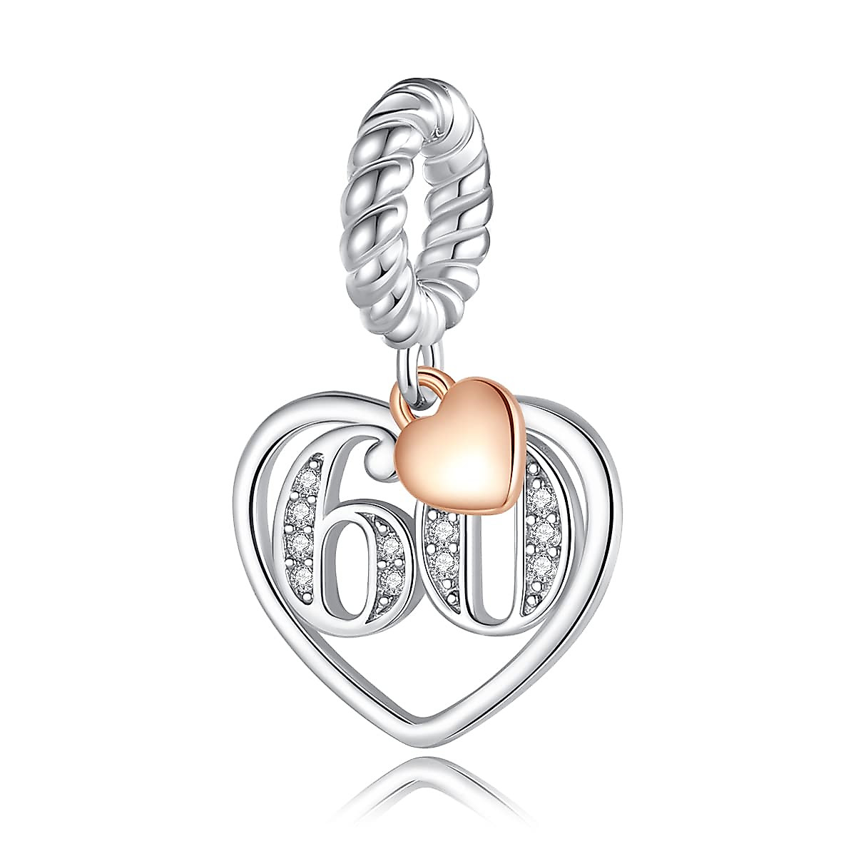 ABAOLA Number Dangle 10.16.18.20.21.30.40.50.60 Years of Love Cubic Zirconia Charm in 925 Sterling Silver,Number pendant with Rose Gold Heart, Sterling Silver, 925 sterling silver