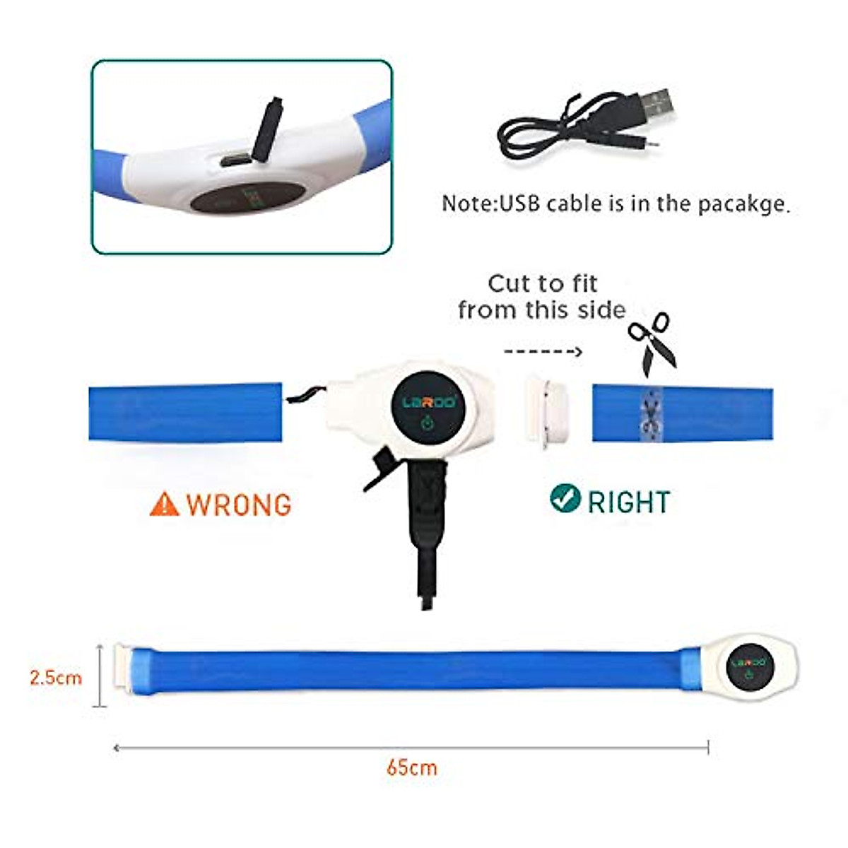 LaRoo LED Light Up Dog Collar, Cutable Silicon USB Rechargeable Glow Light Collar for All Dogs, Waterproof 3-Modes Flashing Dog Collar for Dark Outdoor Training Playing (25.5 inch/65 cm)