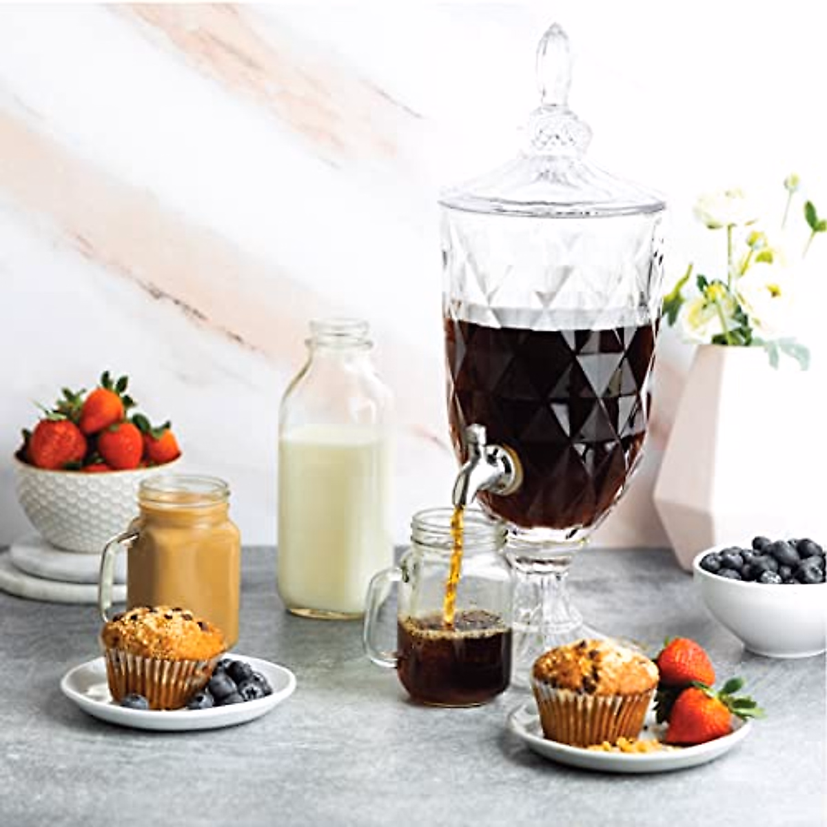 3.2 Quart Glass Iced Beverage Dispenser with Stainless Steel Spigot on Glass Pedestal, Decorative Mason Drink Dispenser For Parties, Sun Tea, Iced Tea, Water or Kombucha - 3 Liter