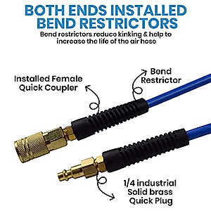 YOTOO Air Hose 3/8 in x 50 ft, Heavy Duty Hybrid Air Compressor Hose, Flexible, Lightweight, Kink Resistant with 1/4" Industrial Quick Coupler Fittings, Bend Restrictors, Blue