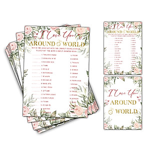 Bridal Shower Games - I Love You Around The World Wedding Party Game - Boho Floral Greenery Bachelorette/Engagement Party Supplies Activities - Pack of 30 Game Cards & 1 Answer Card (A05)