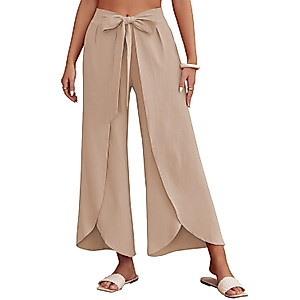 ReachMe Womens Casual Palazzo High Waisted Flowy Wide Leg Pants Bowtie Front Split Wrap Pants Trousers(1 Beige,XL)