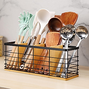 ALOCEO Kitchen Utensil Holder for Countertop - Large Matte Black Utensil Holder with Wooden Base - Multifunctional Farmhouse Cooking Utensil Organizer, Rustic Cooking Utensil with 4 Compartments