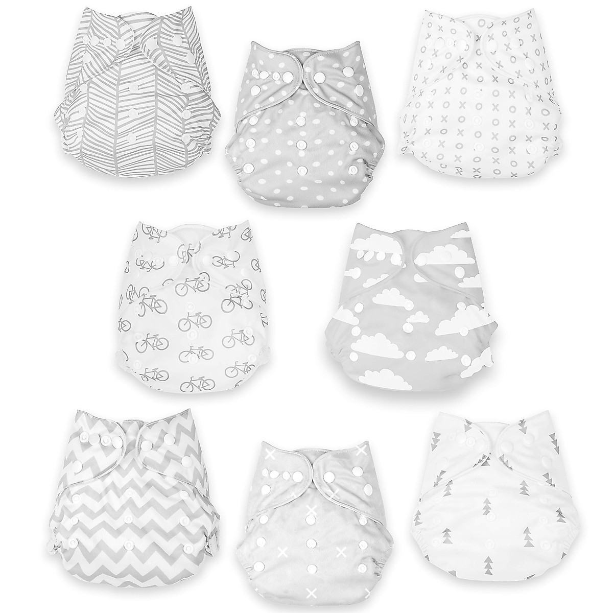 Grey Clouds Cloth Diapers (Updated Quality) – 8 Reusable Cloth Diapers for Babies with 8 Cloth Diaper Inserts – Extra Leg Lining for Boys