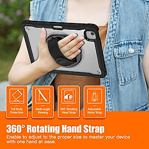 KYJX Tablet Case for iPad Pro 11 inch 2022/2021/2020/iPad Air 5th/4th, 360 Rotating Hand Strap Stand Heavy Duty Protective Cover with Shoulder Strap (Black)