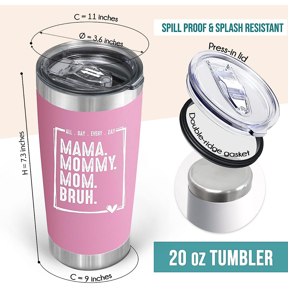 CHICKOR Gifts For Mom From Daughter, Son, Kids - Mothers Day Mom Gifts - Christmas Birthday Gift For Mama, Momma, Wife, Her, Grandma, Sister - Mom Mama Mommy Bruh Cup 20 Oz Pink Tumbler With Straw Lid