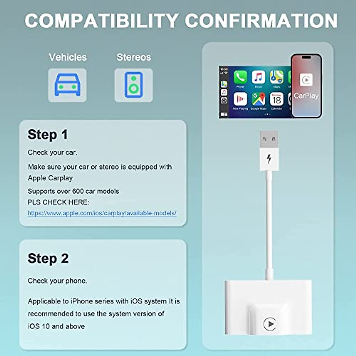 SSUCA CarPlay Wireless Adapter for Factory Wired CarPlay 2023 Upgrade Plug & Play Wireless CarPlay Dongle Converts Wired to Wireless Fast and Easy Use Fit for Cars from 2015 & iPhone iOS 10+