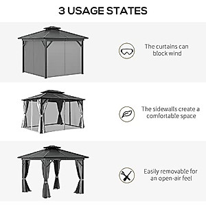 Outsunny 10' x 10' Hardtop Gazebo with Curtains and Netting, Permanent Pavilion Metal Double Roof Gazebo Canopy with Aluminum Frame and Hooks, for Garden, Patio, Backyard, Gray