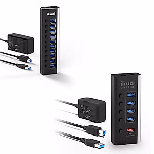 ikuai 5 Ports USB Hub with 4 USB Data Ports & 1 Fast Charging Port(12V/2A Power Adapter)+10 Ports USB 3.0 Hub with 12V 3A Power Adapter