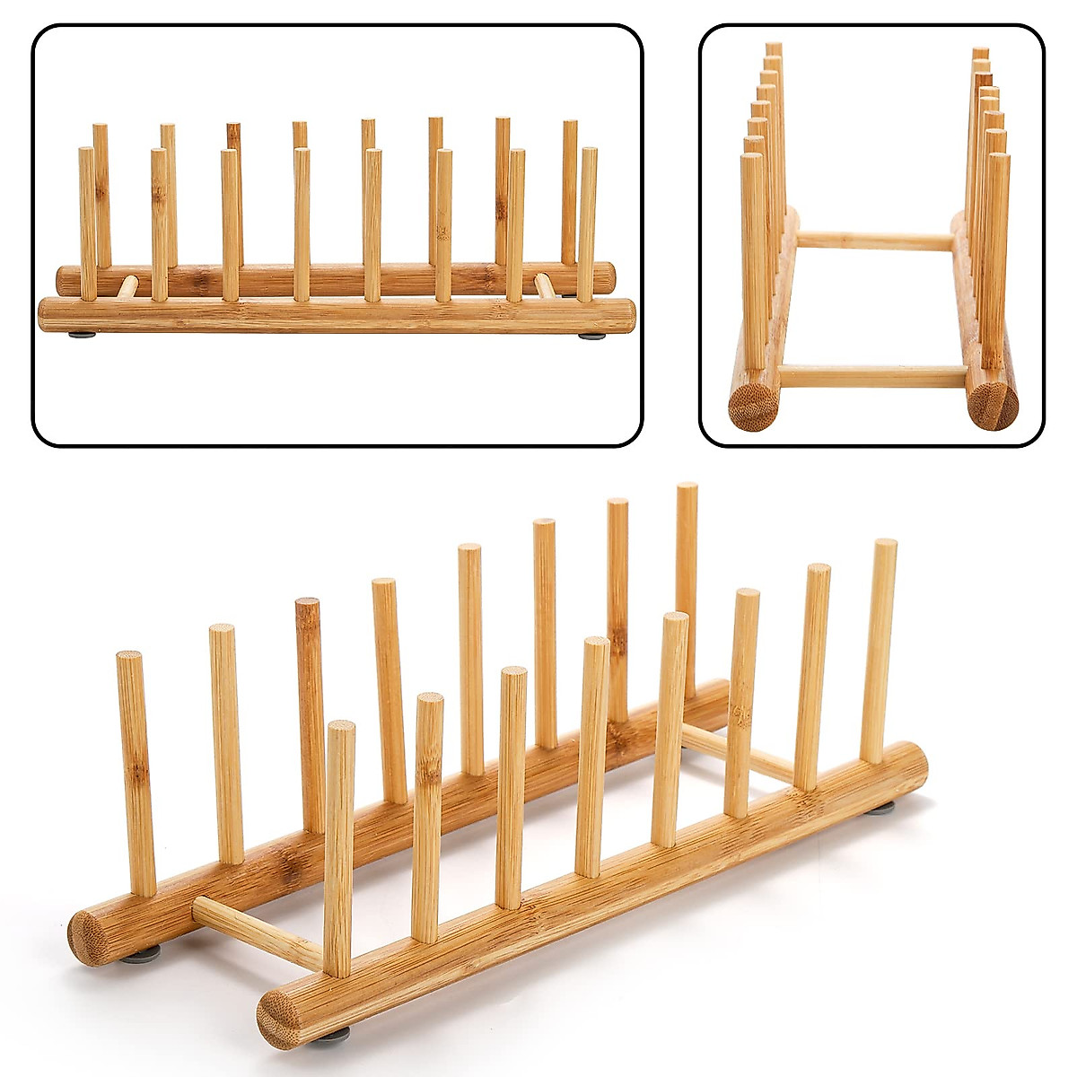 Dicunoy 3 Pack Wooden Plate Holder, Bamboo Wood Peg Dish Racks, Pot Lid Holder Organizer Drying Rack for Kitchen Cabinets, Bowls, Coasters, Cups, Cutting Board, Food Container Lids