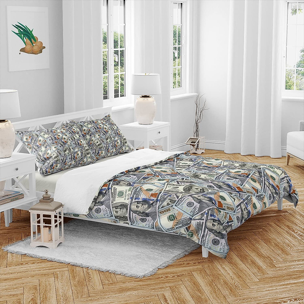 Reateforin 100 Dollar Bill Money Duvet Cover Set, One Hundred Dollar Bills of United States Federal Reserve The Ben Franklin Portrait, Decorative 3 Piece Bedding Set with 2 Pillowcovers,Queen Size