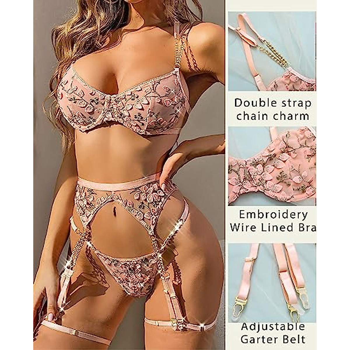 Avidlove Lingerie Set for Women Sexy 4 Piece Garter Lingerie Lace Underwire (Pink, M)