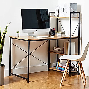 Coral Flower Tower Computer Desk with 4 Tier Shelves - 47'' Multi Level Writing Study Table with Bookshelves Modern Steel Frame Wood Desk Compact Home Office Workstation ，Light Walnut