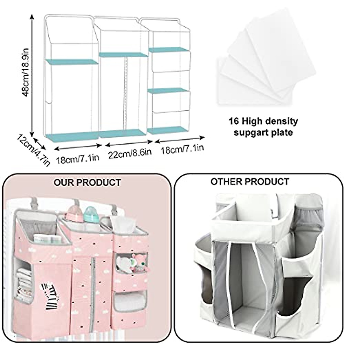 TOCKONIMN Hanging Diaper Caddy Organizer for Baby Crib - 3-in-1 Diaper Stacker for Changing Table Nursery Organization Storage Holder for Baby Essentials Attachment Portable Combining Clothing (Pink)