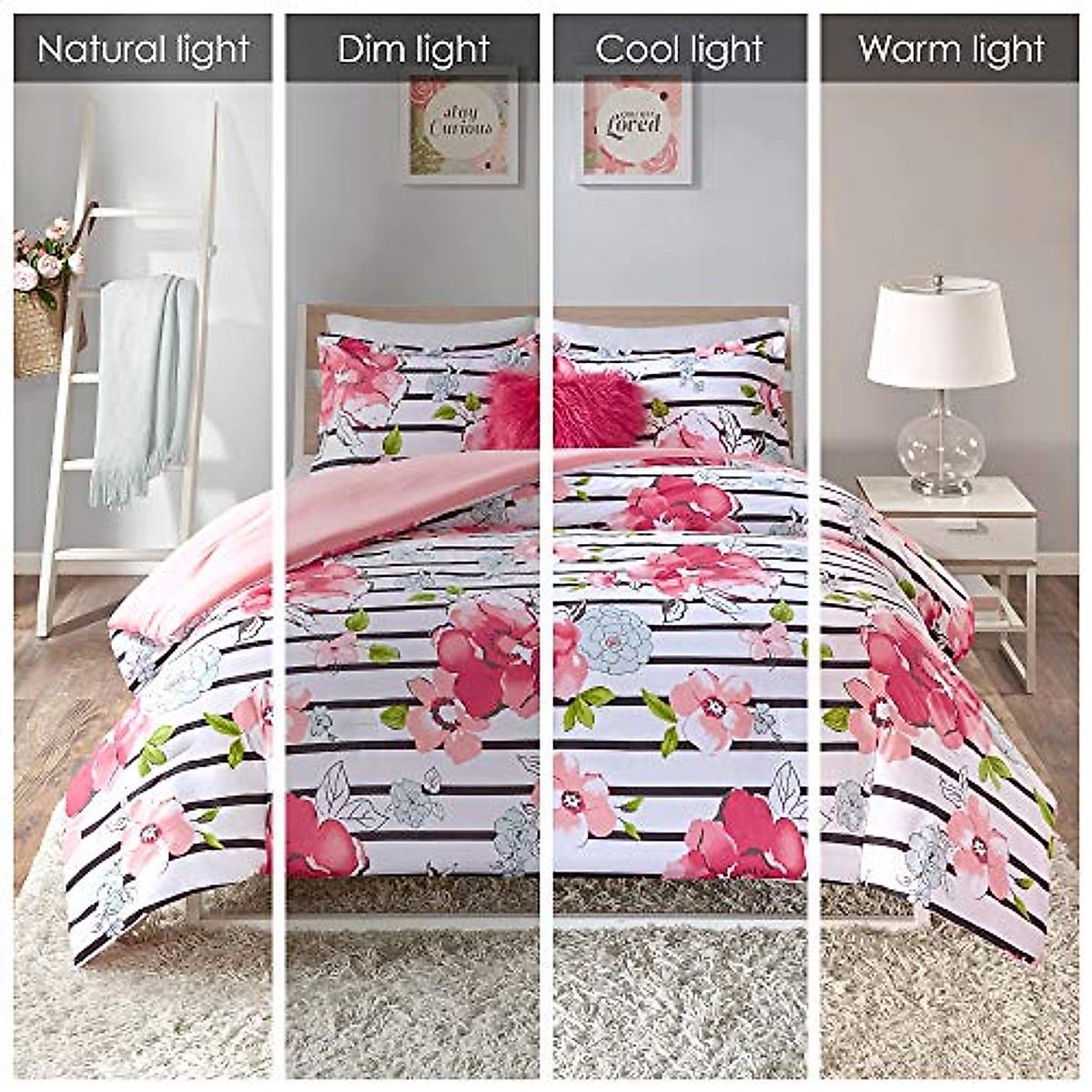 Comfort Spaces Zoe Comforter Set Printed Striped Floral Design with Faux Long Fur Decorative Pillow Bedding, Pink, Full/Queen, 4 Piece