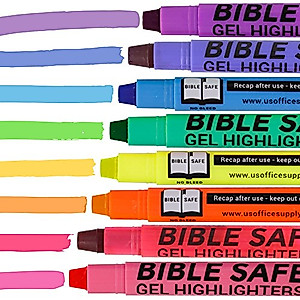 U.S. Office Supply Bible Safe Gel Highlighters, Pack of 16 - 2 Sets of 8 Bright Neon Fluorescent Highlight Colors Yellow, Orange, Pink, Purple, Green, Blue - Won't Bleed, Fade or Smear - Study Guide