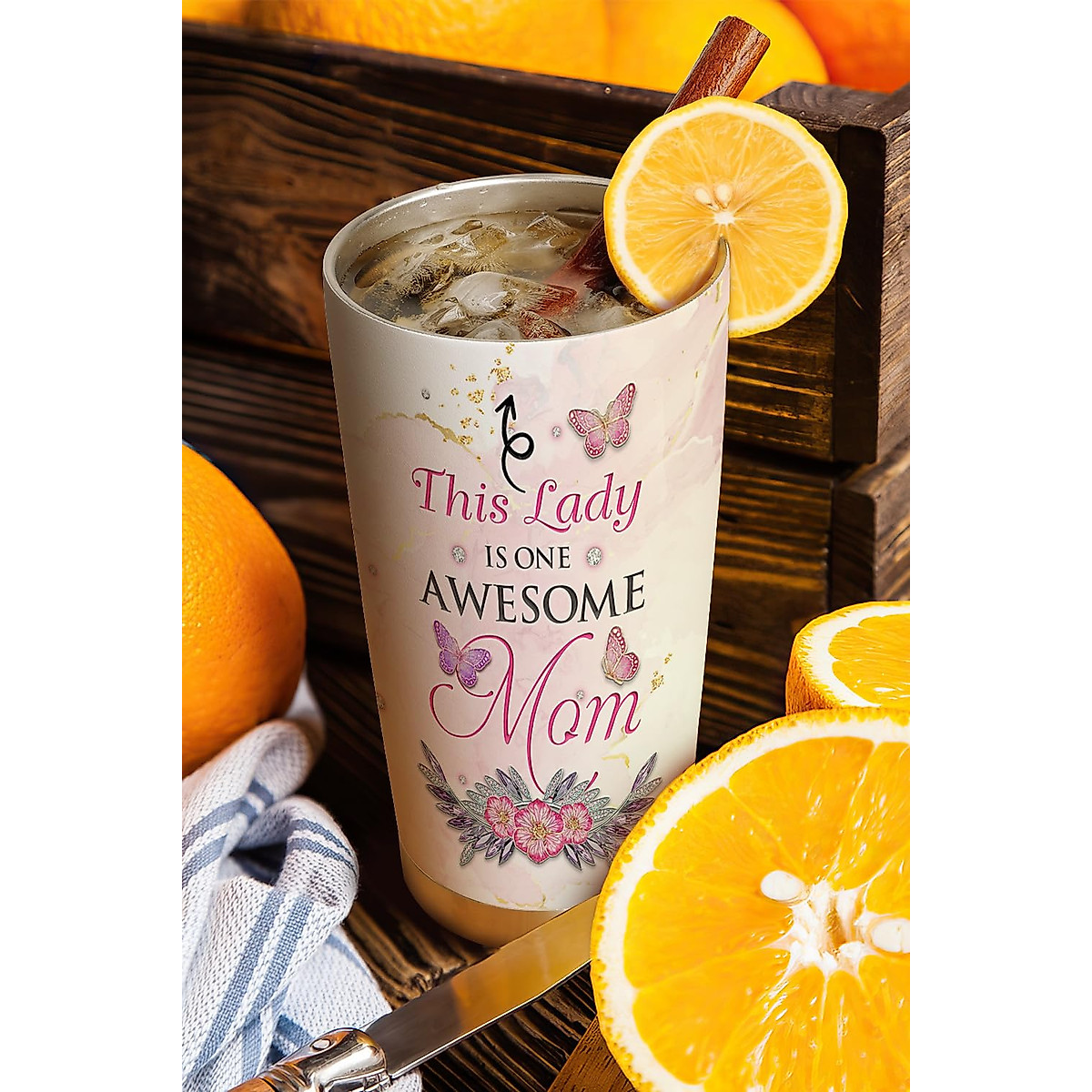 20oz Jewelry Crystal Butterfly Mom Tumbler, This Lady is one Awesome Mom, Mother, Grandma Gifts, Coffee Thermos for Women, Stainless Steel Double Wall Vacuum Insulated Coffee Mug, Travel Cup with Lid