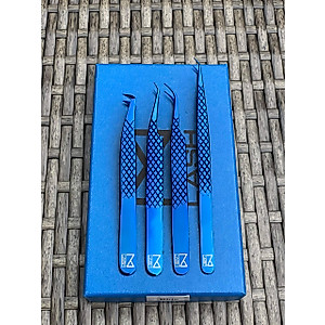 M LASH Tweezers for Eyelash Extensions (Set of 4) - Professional Lash Extension Tweezers - Fiber Tip, Japanese Steel, Diamond Grip Eyelash Extension Tweezer (Blue)