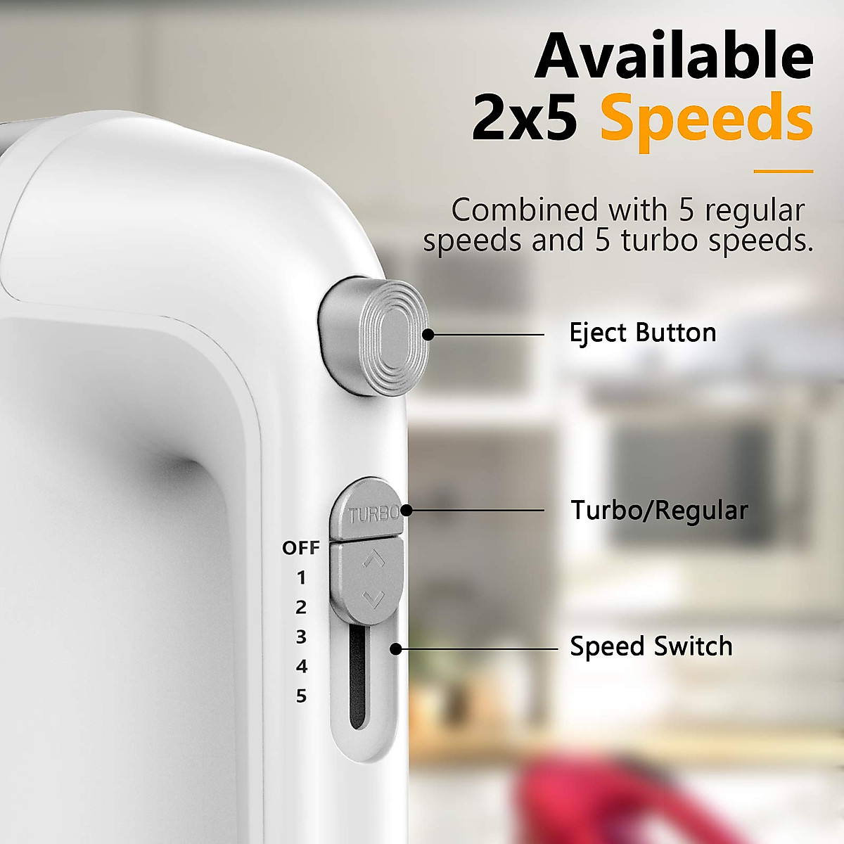 Hand Mixer Electric, 450W Kitchen Mixers with Scale Cup Storage Case , Turbo Boost / Self-Control Speed + 5 Speed + Eject Button + 5 Stainless Steel Accessories , For Easy Whipping Dough ,Cream ,Cake