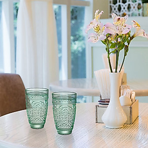 Bekith 4 Pack Colored Romantic Drinking Glasses, 14.5 oz Tall Water Glasses, Embossed Tumblers for Beverage, Beer, Soda, Cocktails, Vintage Glassware Set for Dinner Parties, Bars, Green