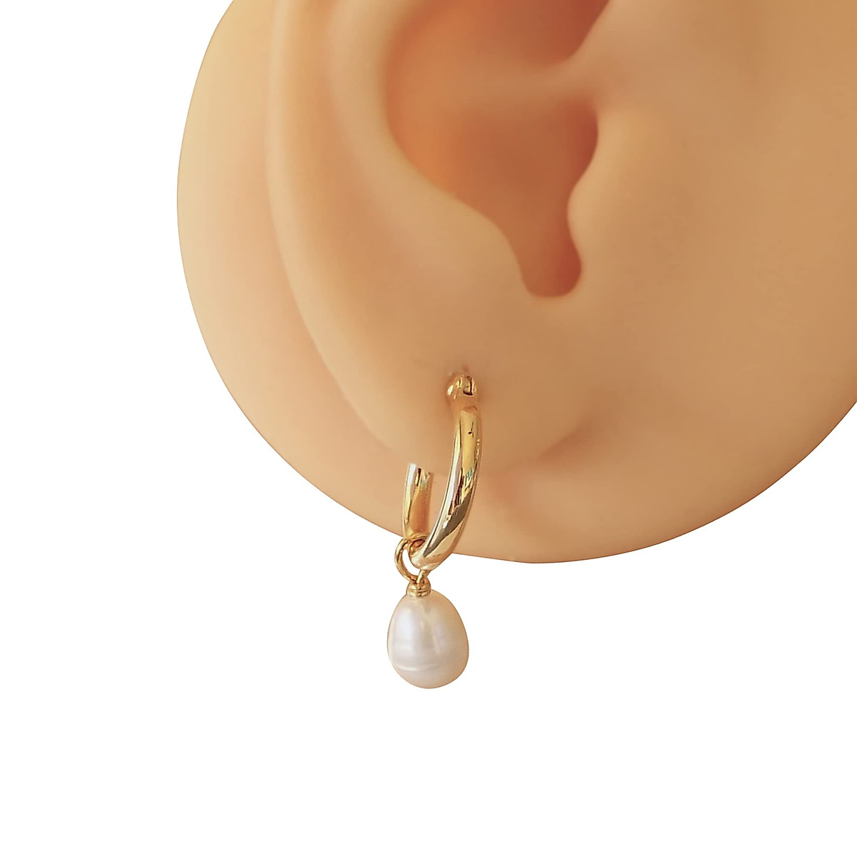 Yellow Gold Plated over Sterling Silver 8x7mm Oval Pearl 14mm Hoop Earrings for women - Small Dainty Hoops | Handmade by MiYa Jewelry creations