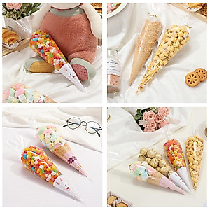 Cone Shaped Treat Bags, 100 Pcs Clear Popcorn Bags Bulk 7x15 In Cellophane Treat Bags with Twist Ties Small Triangle Plastic Cone Bags for Gift Giving Individual Servings Party Favor Candy Snack Wraps