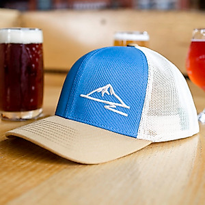 44N, Snapback Trucker Hat, Mountain (Ocean Blue/Amber Gold/Beige)