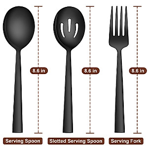 LIANYU 2 Black Serving Spoons, 2 Black Slotted Serving Spoons, 2 Black Serving Forks, 8.6 Inch Stainless Steel Metal Serving Spoons Forks for Buffet Catering Banquet, Dishwasher Safe
