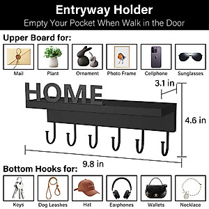 RESOVO Key Holder Wall Mount Key Hooks Entryway Shelf Keys Rack Key Shelf with 6 Metal Hooks Mail Holder, Wooden Shelf, Black (Length: 9.8 Inches)