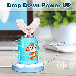 Sunartec Kids Musical U Shaped Toothbrush, Ultrasonic Electric Toothbrushes for Kids 2 Brushing Modes and 1 Gums Care 360° Sonic Toothbrushes for Child 4 Brushheads (Purple and Blue Random)