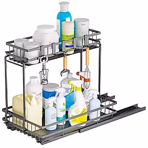 Under Sink Organizers and Storage, MEGAGURU 2-Tier L-Shape Heavy Duty Metal Pull Out Cabinet Organizer for Under Sink Organizer, Multi-Purpose for Under Kitchen Bathroom Sink Organizers and Storage