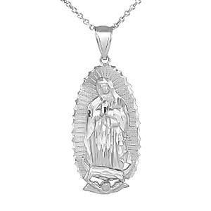 Sterling Silver Blessed Our Lady of Guadalupe Miraculous Medal Pendant Necklace (1.2"), 18"