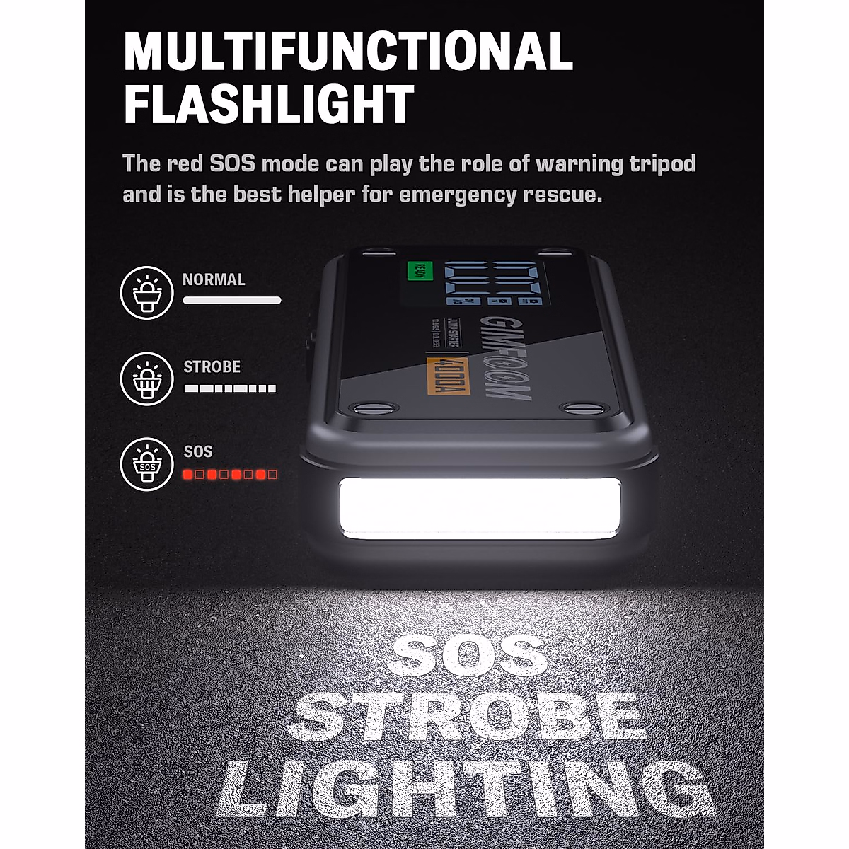 GIMFOOM Jump Starter, 4000A Car Battery Jump Starter with Wall Charger (10L Gas & 10L Diesel Engines), 12V Jump Starter Battery Pack with 3.4 Inch Smart Display, Jump Box with 400 Lumens LED Light