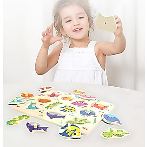 Wooden Peg Puzzle, Sea Creature Chunky Baby Puzzles, Colorful Wood Shape Puzzle Peg Board, Animal Knob Puzzle for Educational Toddlers 18 Months and Up, 11 Pieces