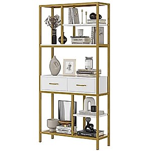 HITHOS Bookshelf, Tall Bookcase with 2 Drawers and Storage Shelves, Industrial Etagere Bookcase Book Shelves for Office, Living Room, Bedroom, White/Gold