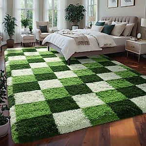 Larhom Modern Checkerboard Rug for Living Room Bedroom, 4x6 Ft Green Checkered Fluffy Carpet, Thickened Memory-Foam Area Rug for Kids Nursery Dorm, Home Decor, Anti-Slip and Easy to Clean