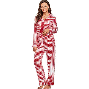 Serenedelicacy Women's Satin Pajama Set Long Sleeve Button Down Sleepwear 2-Piece Striped Silky Pj Set (Medium, Red, Striped)