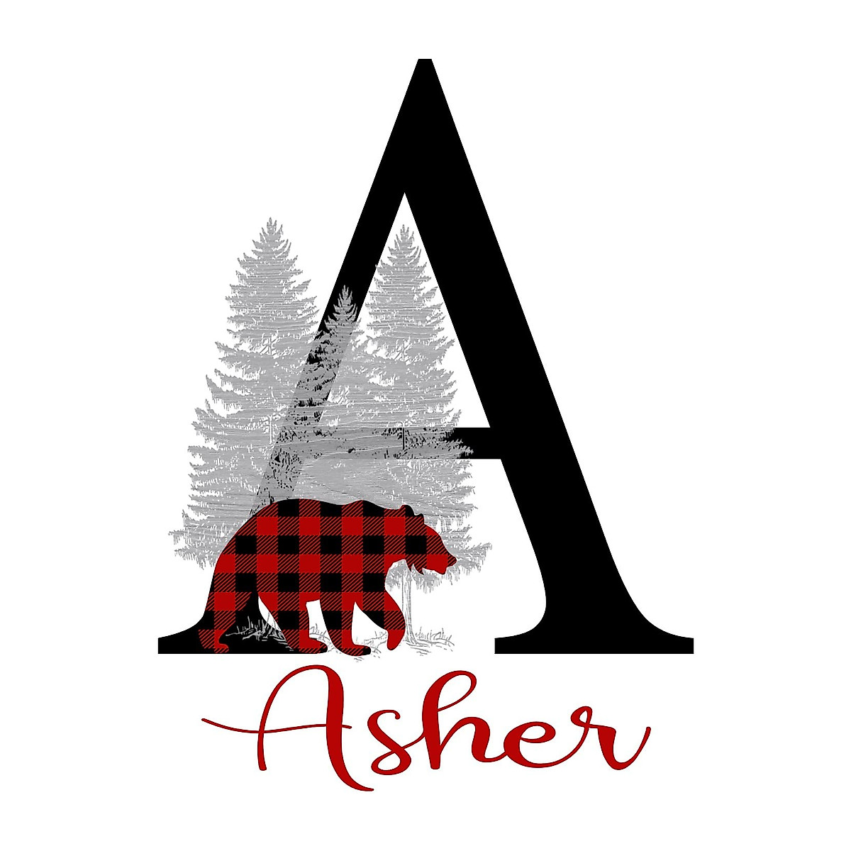 Personalized Woodland Bear Buffalo Plaid Baby Boy Nursery Decor Unframed Print - Baby Name Letter Initial Monogram