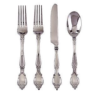 Antique Design Disposable Flatware Set (96 PC) Plastic Silverware Cutlery Set for 24, 24 Spoons, 24 Knives, 48 Forks, Heavy Duty Plastic Utensil Set for Weddings and Events, Baroque Collection, Silver